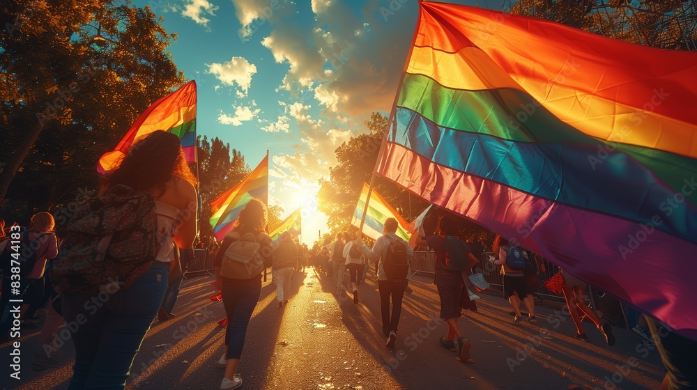 Pride March at Sunset with Rainbow Flags. People marching with rainbow ...