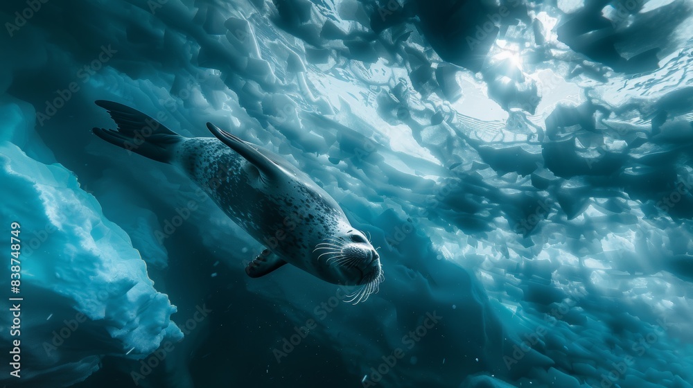 A photograph of a ringed seal, sleek and alert, swimming beneath the ...