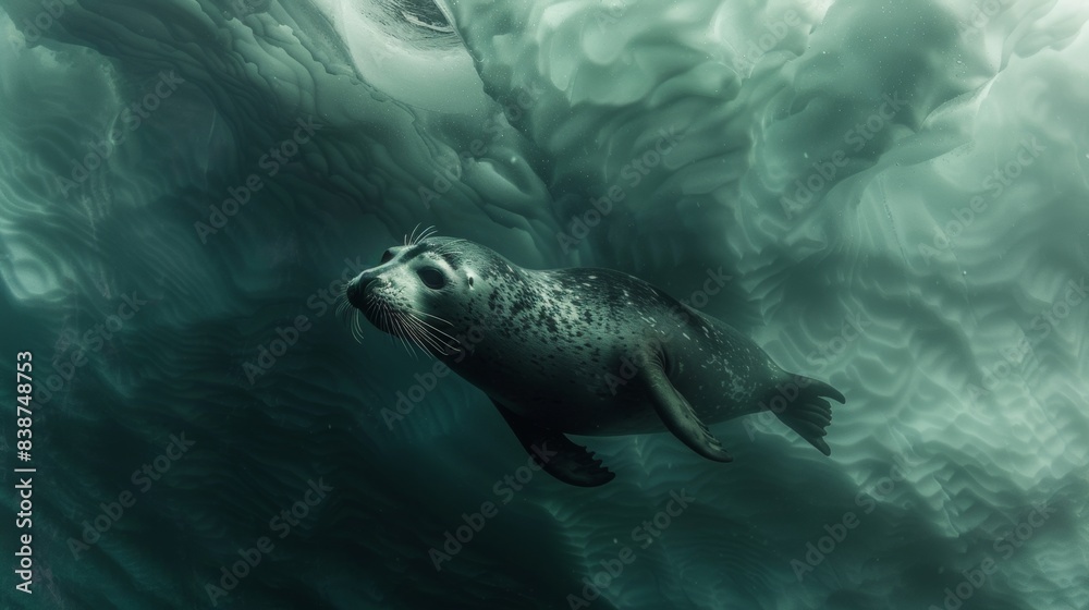 A photograph of a ringed seal, sleek and alert, swimming beneath the ...