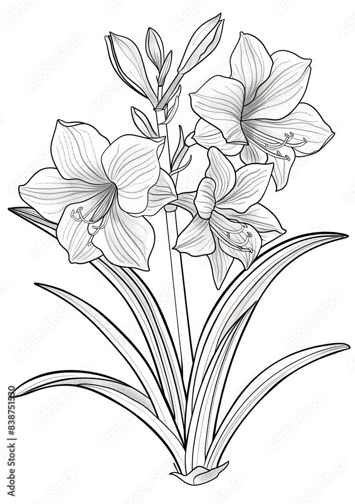 This intricate line art drawing of an Amaryllis flower, featuring three ...