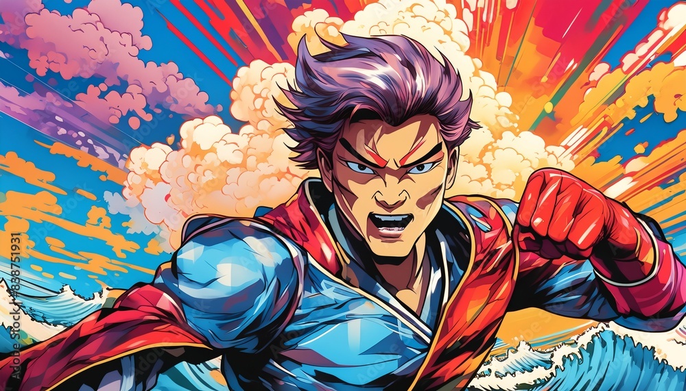 A vibrant comic-style illustration of a superhero in a dynamic pose ...