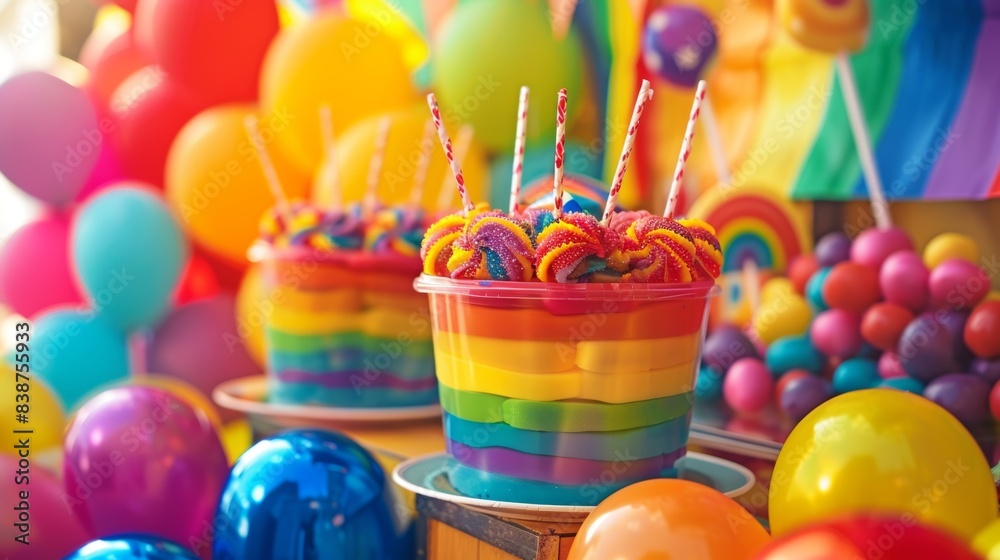 A picturesque scene of a rainbow-themed candy pop display at a pride ...