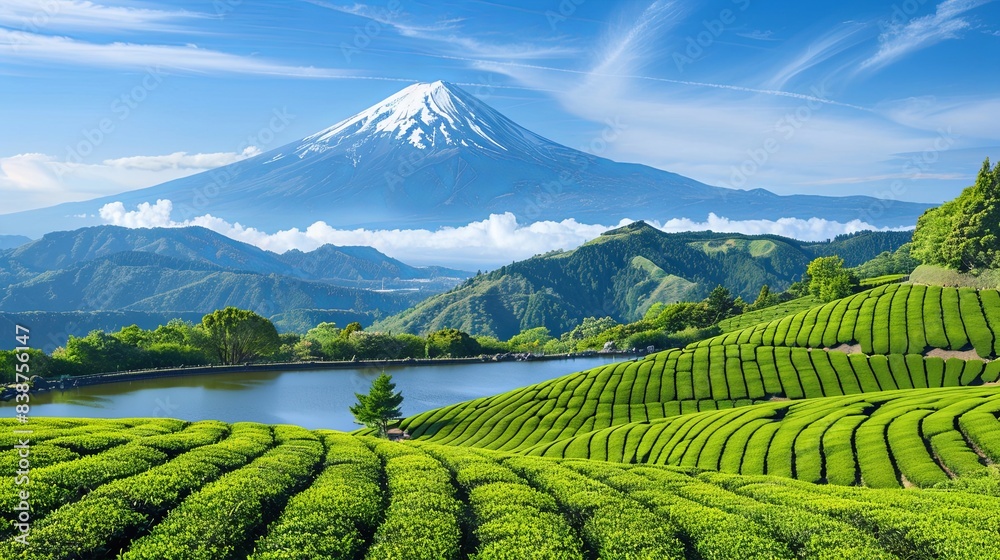 Terraced green tea fields with snow-capped Mount Fuji,Green tea fields ...