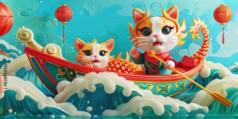 Cute 3D Render of Festive Dragon Boat Racing with Adorable Cats for ...