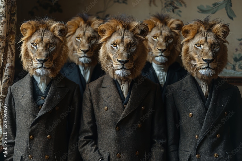 The coordinated presence of lion-headed characters dressed in formal ...