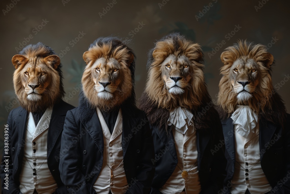 The coordinated presence of lion-headed characters dressed in formal ...