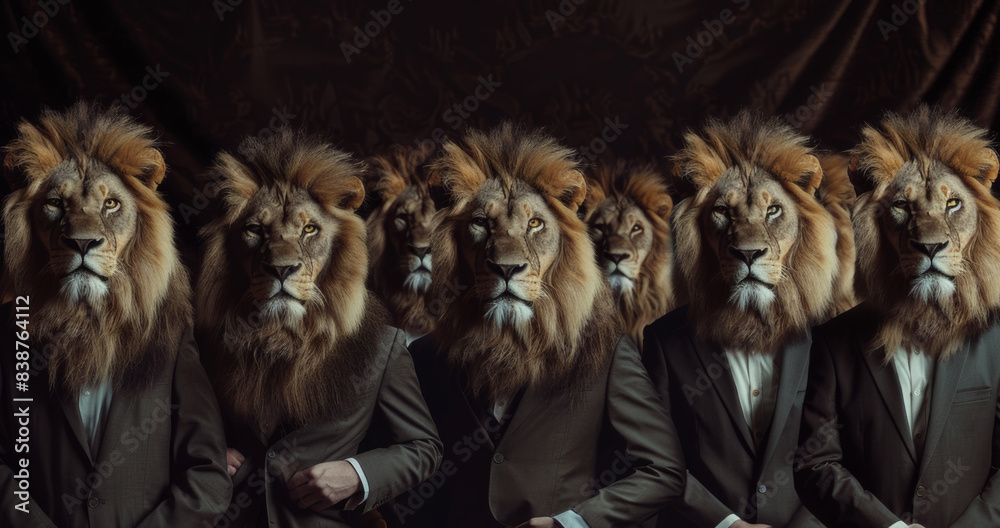 The coordinated presence of lion-headed characters dressed in formal ...