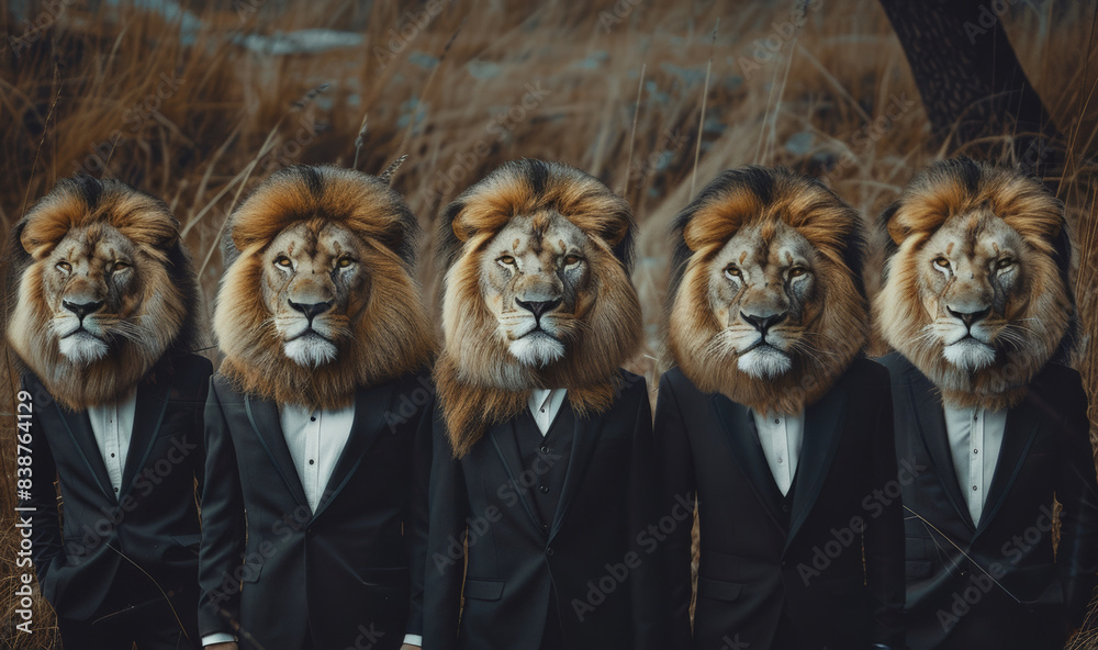 The coordinated presence of lion-headed characters dressed in formal ...