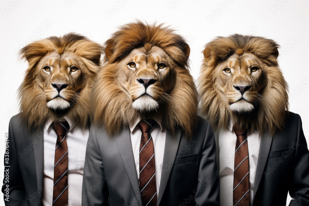 The coordinated presence of lion-headed characters dressed in formal ...