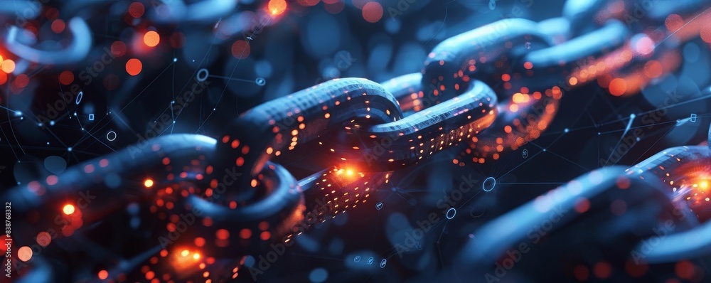 Blockchain ecosystem visualized with interlocking chains, glowing nodes, and secure data ...