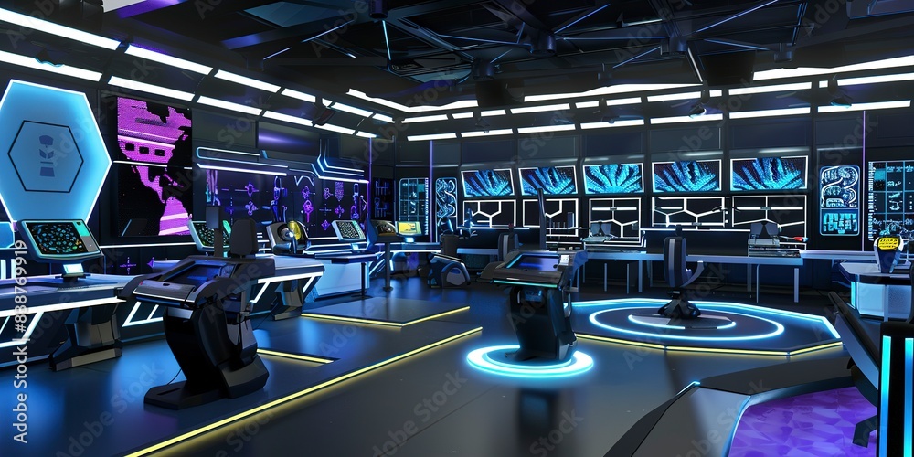 High-tech training facility, virtual reality stations, futuristic, neon ...
