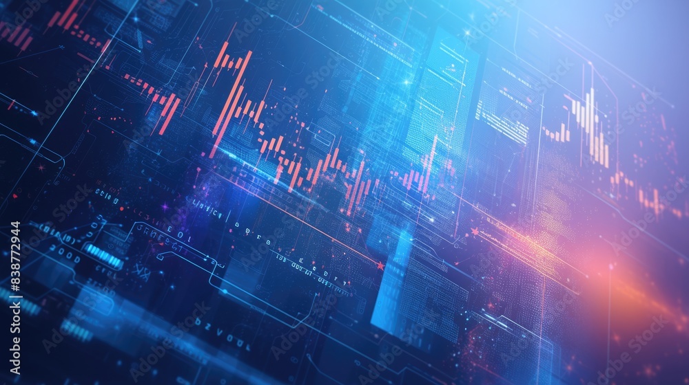 Modern abstract technology background with a combination of light glows, binary code flows, and ...