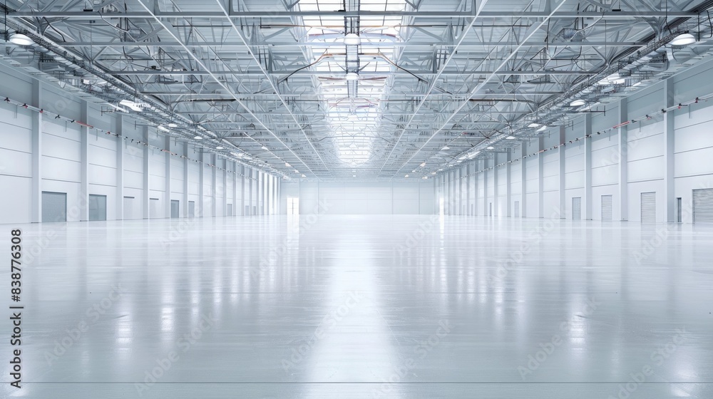 Minimalist white warehouse interior with an expansive, empty space and ...