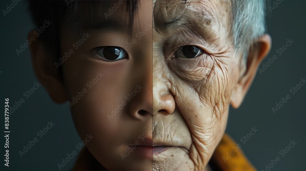 The face is divided into two halves - half of an Asian boy and half of ...