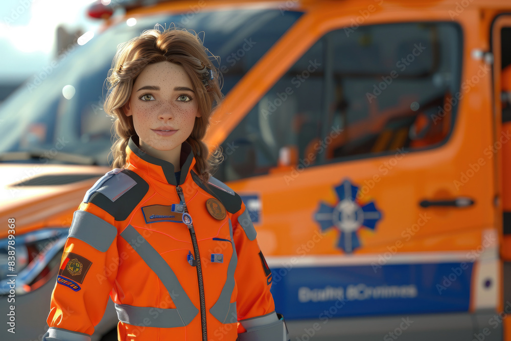 A portrait of a 3d cute cartoon attractive female paramedic standing in ...