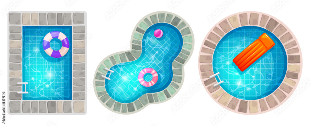 Top view on pools of different shapes with inflatable rings and ...