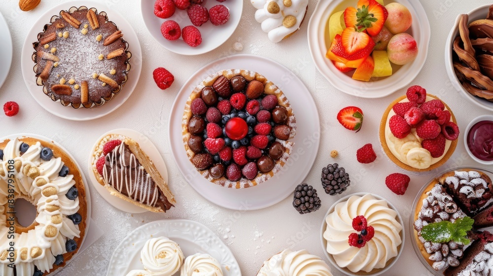 Various Desserts that are full on the table from the top view, cakes ...