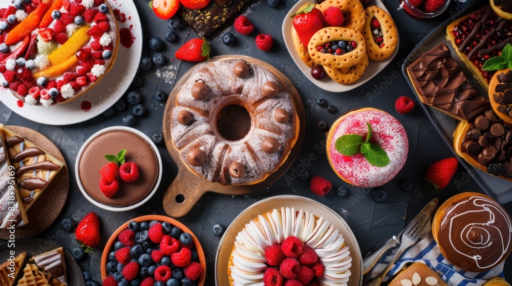 Various Desserts that are full on the table from the top view, cakes ...