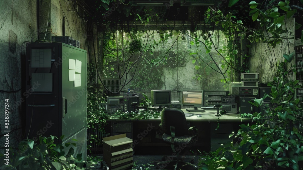 Video conference overgrown computer room, zoom background Stock ...