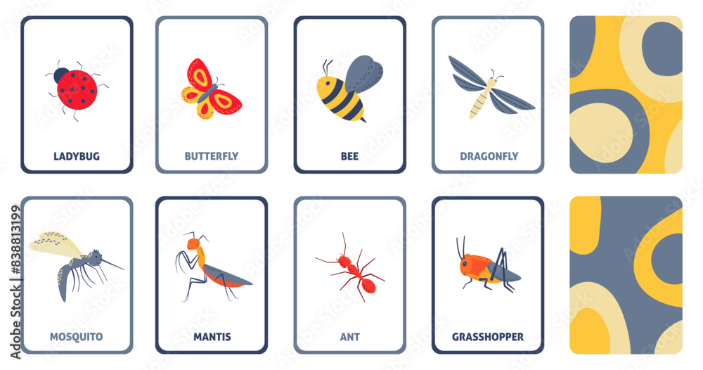 Vetor de Insects flashcards collection for kids. Flash cards set with ...