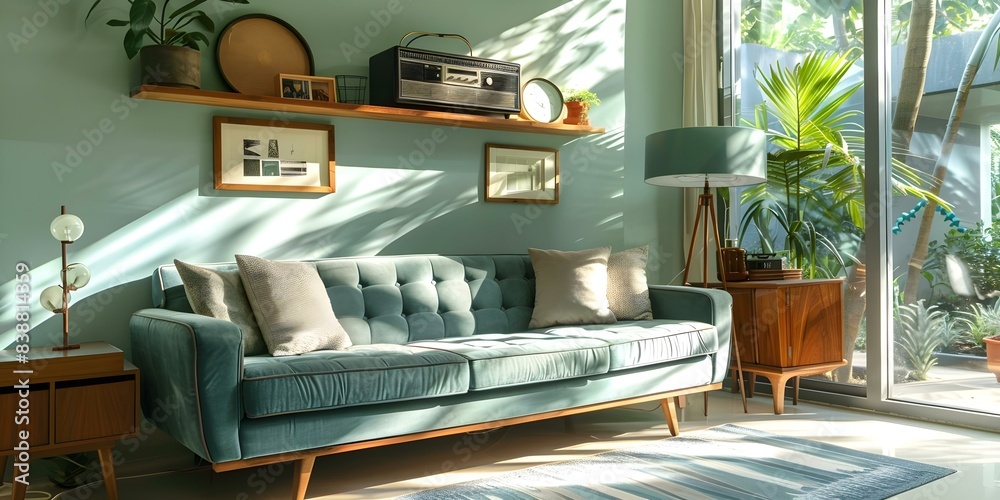 70s style living room with blue sofa radiogram and retro decor. Concept ...