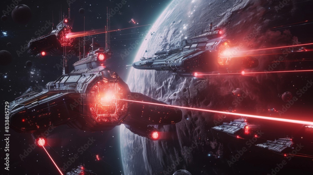 Epic space battle with futuristic spaceships and laser beams near a ...