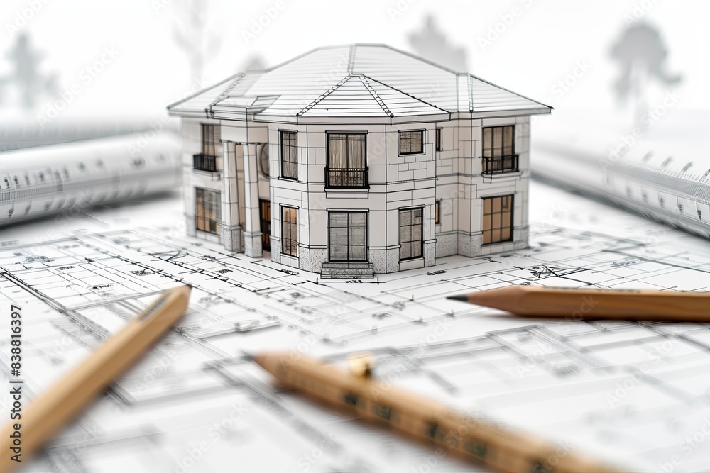 3D model of a house on architectural blueprints with pencils ...
