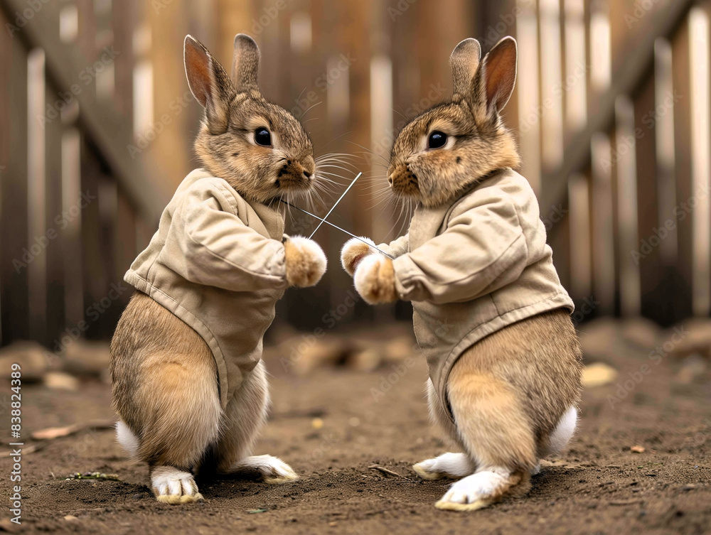 Two rabbits are fighting each other in a cage. One of the rabbits is ...