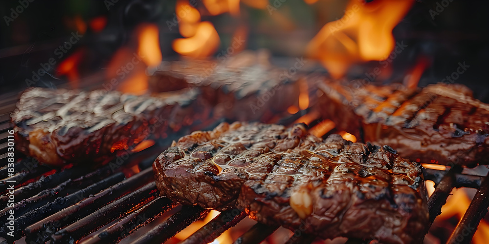 Beef ribeye steak grilling on flaming grill during 4th of July ...