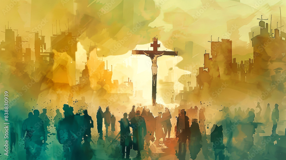 A watercolor painting depicting Jesus Christ crucified on a cross, with ...
