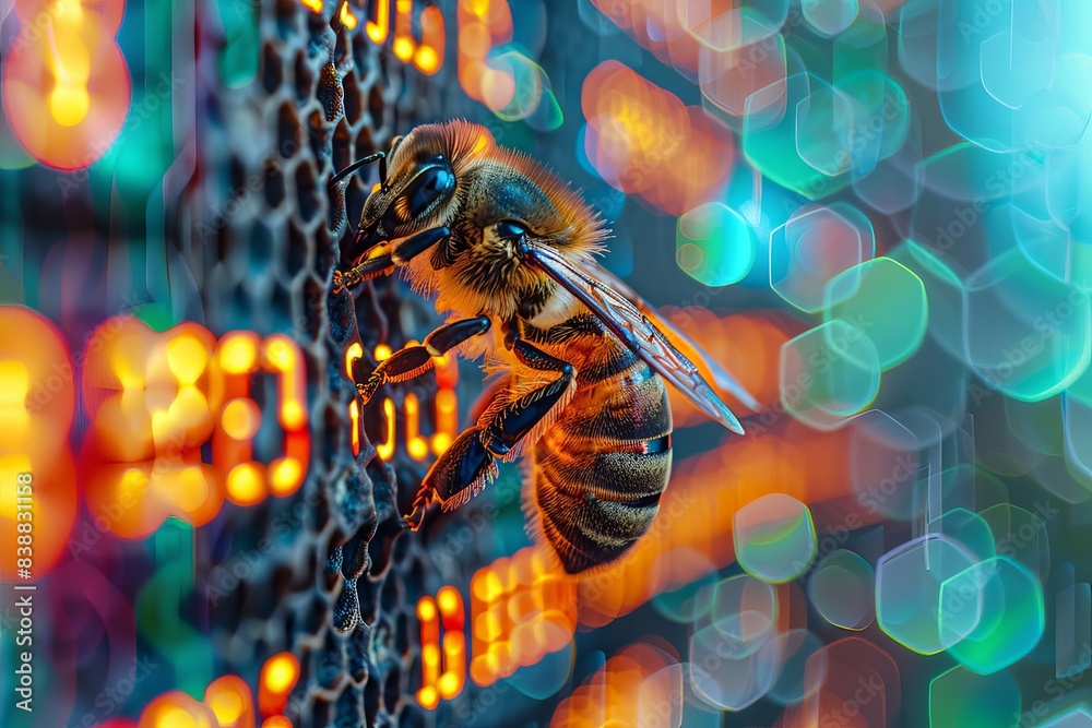 Bees building a hive on an internet antenna close up, focus on, copy ...