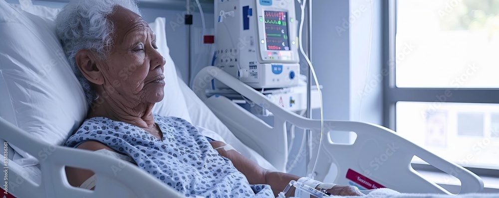 Patient using smart IV pump, hospital bed, side view, precise ...