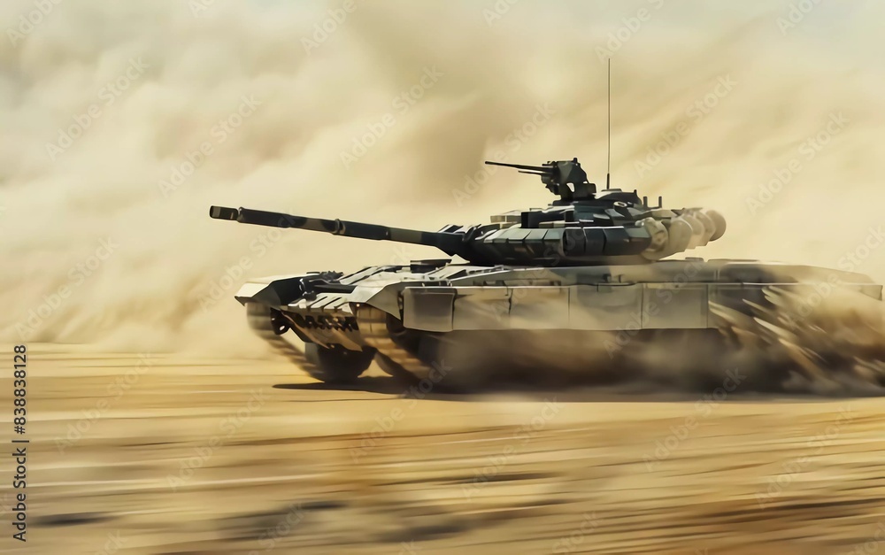 Military armored tank moving at high speed with blurred motion on the ...