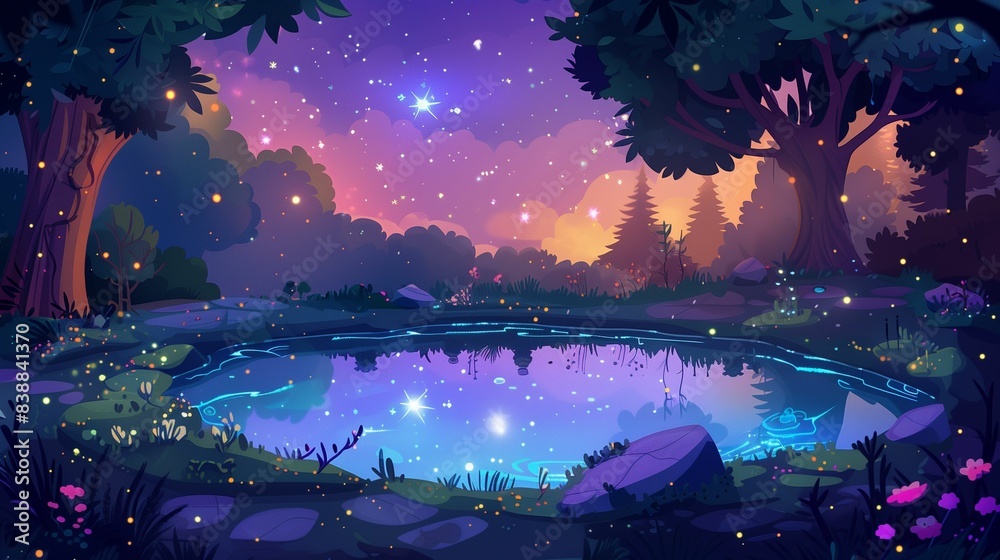 Magical Twilight Pond in Enchanted Forest with Starry Sky Background ...
