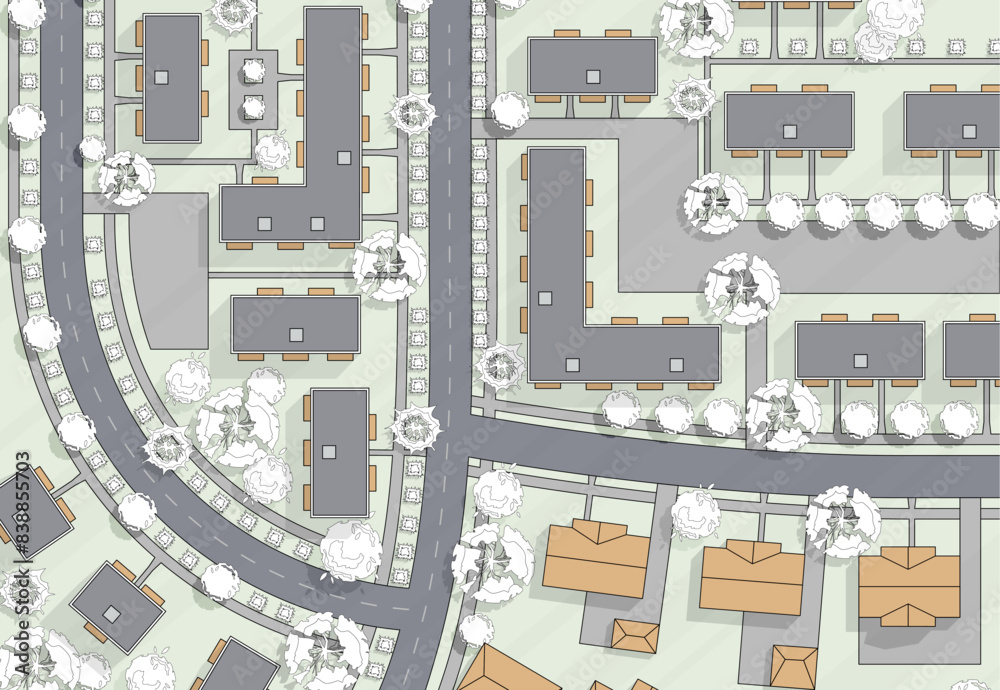 Top view of the city. Plan of town or village with houses, roof, park ...