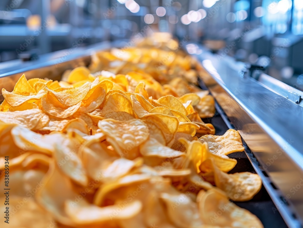 Crisp and detailed shot of potato chips on a production line, modern ...