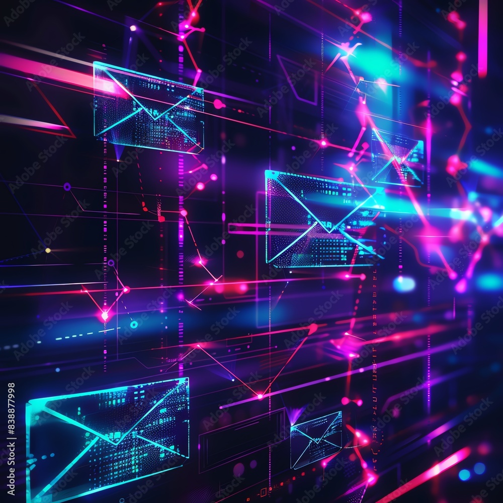 Futuristic digital email communication network with neon lights ...