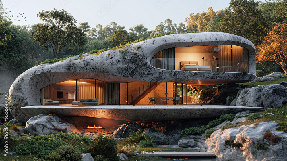 A house that appears to be a giant rock formation, with a smooth ...