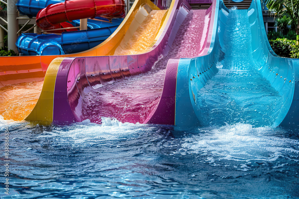 Colorful plastic water slides with a swimming pool in an outdoor water ...