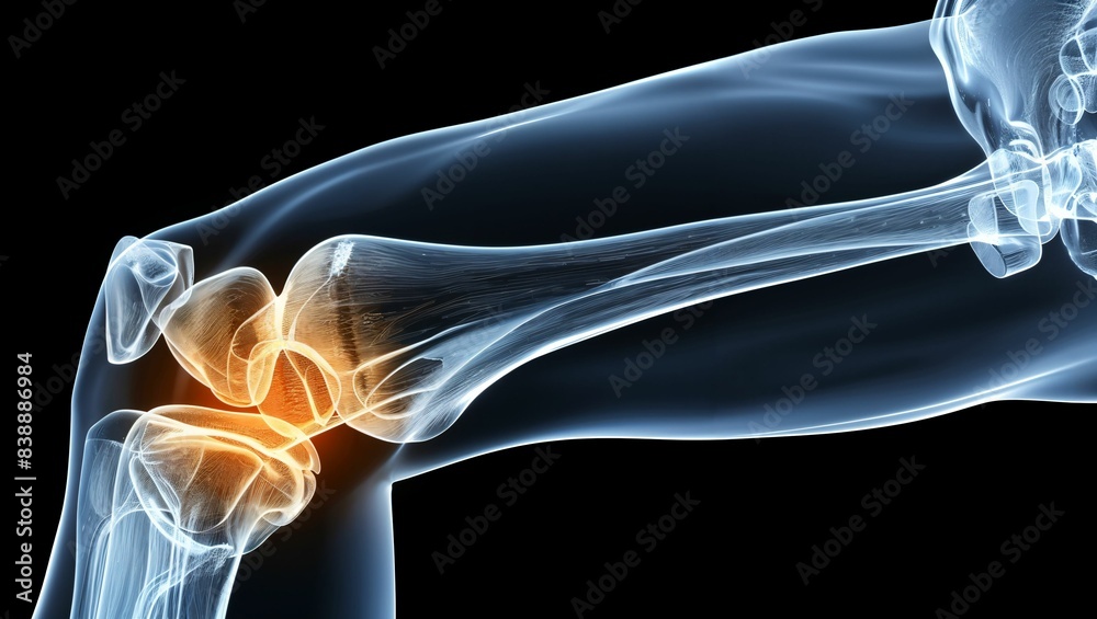 Human Anatomy X-ray of a knee joint, detailed bones and cartilage ...