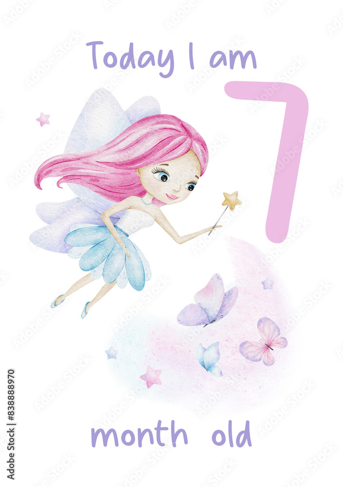 Baby Milestone Card of Cute little fairy, butterflies and stars. Baby's ...