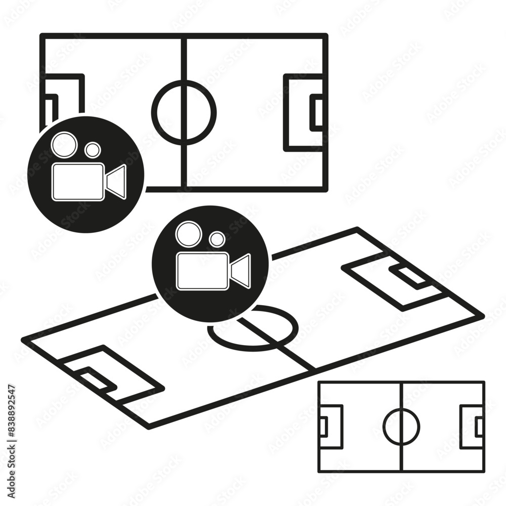 Soccer field icons. Video camera symbols. Black and white. Sports ...