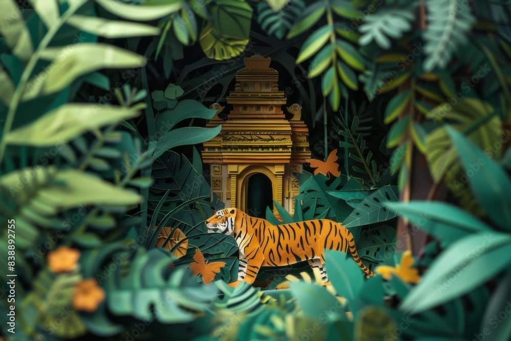 Papercraft art depicting a jungle scene with a tiger, ancient temple ...