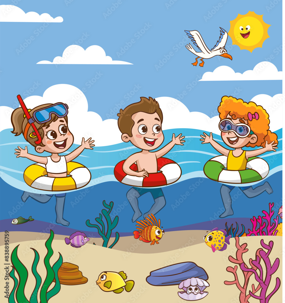 cute kids having fun in swimming pool at summer camp. Children having ...