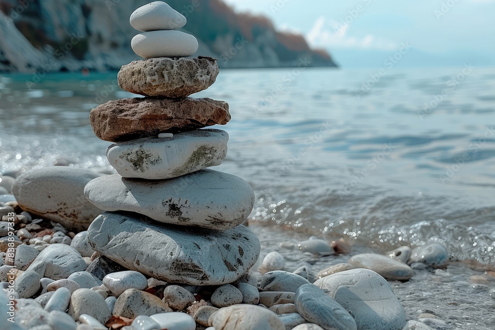 Calm Seaside with Stacked Stones, Tranquil Beach Scene with Balanced ...