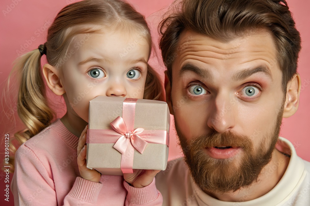 Daughter Surprised her father with a gift , Studio Portrait of Dad and ...