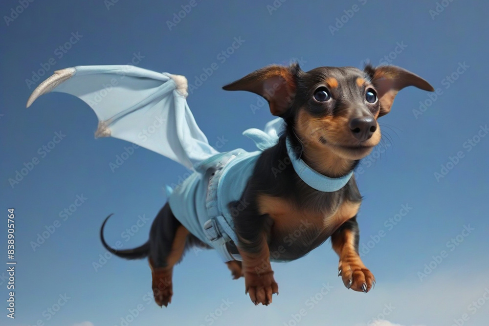 Cute funny dachshund puppy with wings, small baby dog flying in blue ...