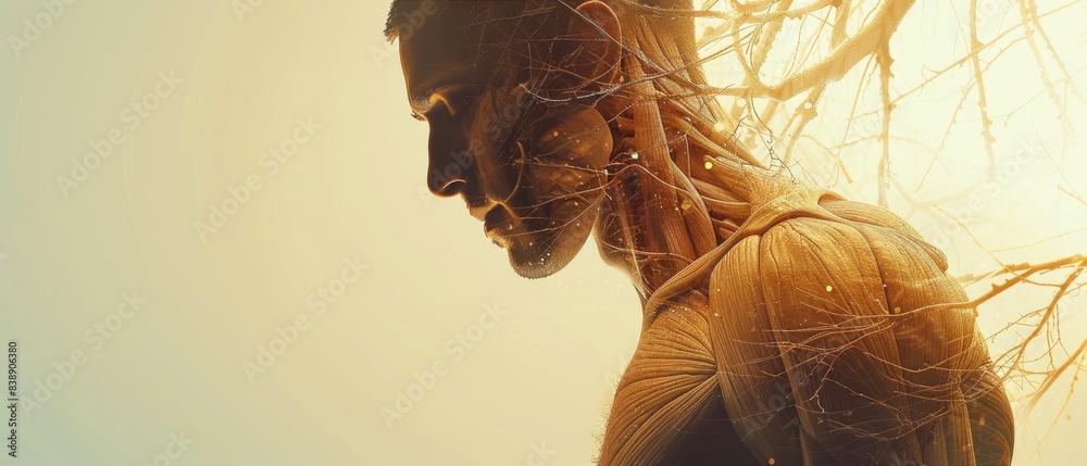 A digital art representation of human anatomy, showcasing muscles and ...