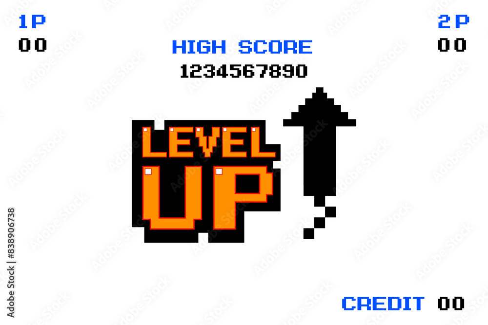 LEVEL UP ! text on white background. pixel art .8 bit game. retro game ...