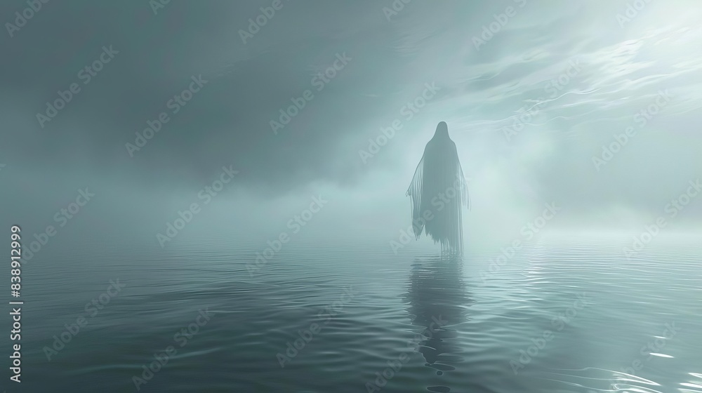 Eye-level angle, a sinister, floating evil spirit, hovering ominously ...
